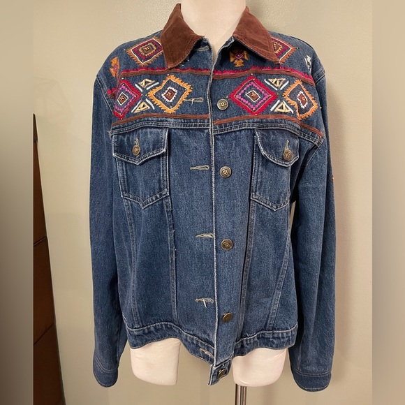 Agapo | Jackets & Coats | Jean Jacket Embroidered With Brown Corduroy ...